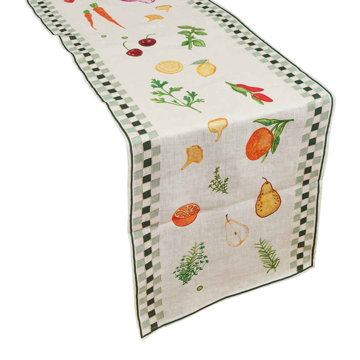 SAMPLE - Still Life Linen Embroidered Double Checker Runner in Green ...